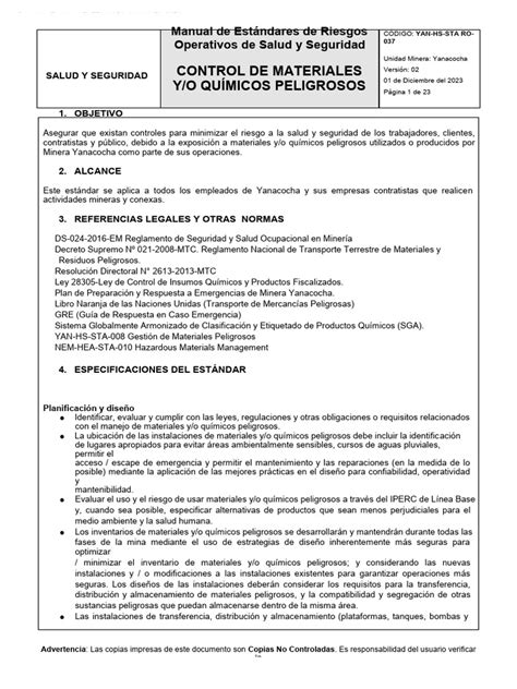 Yan Hs Sta Ro 037 Control De Materiales Y Químicos Peligrosos Pdf Minería Carcinógeno