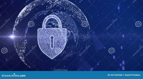 Global Data Protection Concept With Digital Pad Lock And Blue Glowing World Map In Sphere On