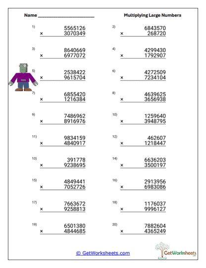 Multiplying Large Numbers Worksheets