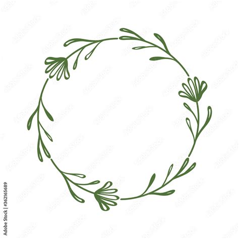 Cute Stylish Wreath Of Flowers And Twigs Round Decorative Frame Contour Drawing Of A Flower