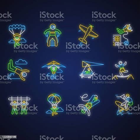 에어 익스트림 스포츠 네온 라이트 아이콘 세트 스카이 다이빙 낙하산 윙 수트 야외 활동 패러글라이딩 곡예 및 번지 점프 빛나는 징후 벡터 절연 일러스트레이션 건강한 생활