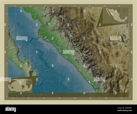 Sinaloa State Of Mexico Elevation Map Colored In Wiki Style With Lakes And Rivers Corner