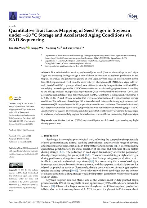 Pdf Quantitative Trait Locus Mapping Of Seed Vigor In Soybean Under −20 °c Storage And