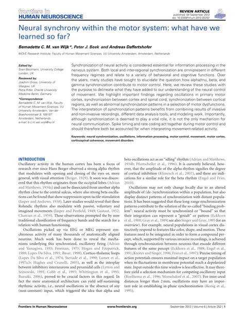 Pdf Neural Synchrony Within The Motor System What Have We Learned So