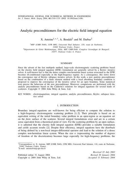 Pdf Analytic Preconditioners For The Electric Field Integral Equation