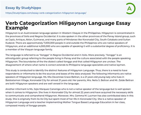 Verb Categorization Hiligaynon Language Essay Example