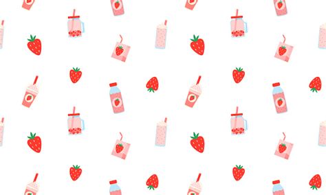 딸기 음료 원활한 패턴입니다 여름의 상쾌한 음료 주스 밀크 쉐이크 커피 딸기 맛의 버블티 육즙이 많은 여름 딸기 편평한 벡터 삽화 개체 그룹에 대한 스톡 벡터 아트 및 기타
