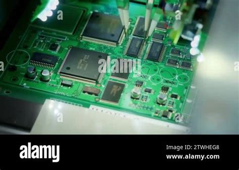 Factory Machine At Work Printed Circuit Board Being Assembled With