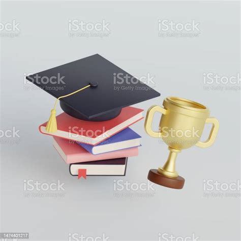 책과 황금 트로피 더미에 검은 졸업 모자 교육 개념입니다 3d 렌더링 그림 0명에 대한 스톡 사진 및 기타 이미지 0명 3차원 인쇄 3차원 형태 Istock