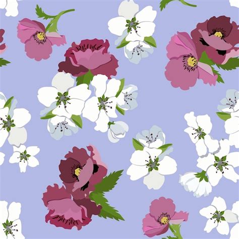 Premium Vector Seamless Pattern With Flowers Cherry And Poppies On