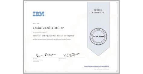 completion certificate for databases and sql for data science with python leslie miller