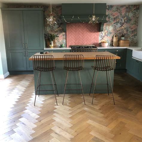 Farrow And Ball Smoke Green Kitchen Pink Accents With Herringbone