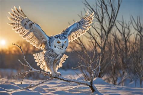 Snowy Owl Landing On A Snow Tree Branch In A Winter Sunrise Stock