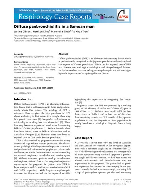 Pdf Diffuse Panbronchiolitis In A Samoan Man Diffuse Panbronchiolitis