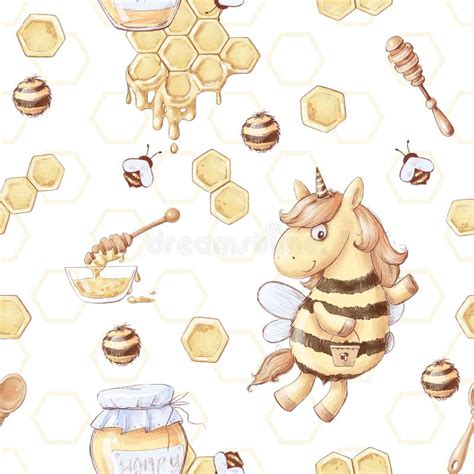 Seamless Pattern Cartoon Unicorn Bee Collects Honey Watercolor Illustration Stock Illustration