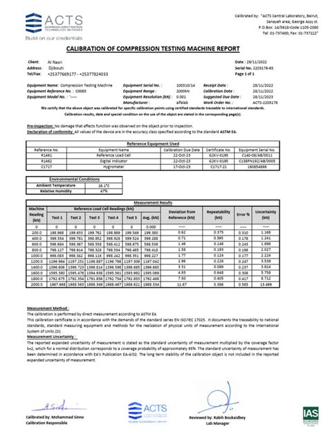 Calibration Certificate Compression Machine C0065 22 2000 Kn Pdf