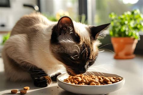 A Curious Happy Cat Licks Eating Cat Food From White Plate In A Modern Kitchen With White