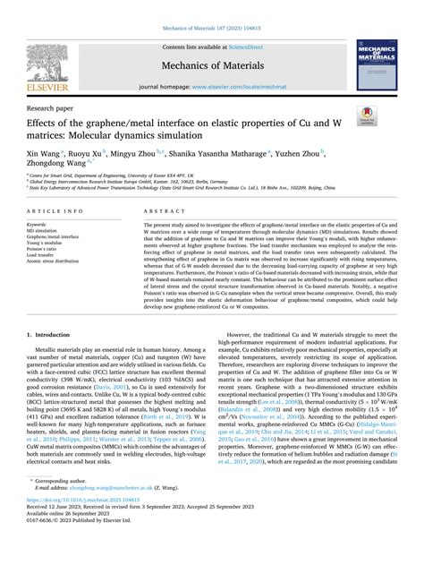 Pdf Effects Of The Graphenemetal Interface On Elastic Properties Of Cu And W Matrices