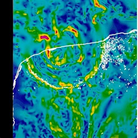 gravity gradient plot the white line outlines the shoreline and the
