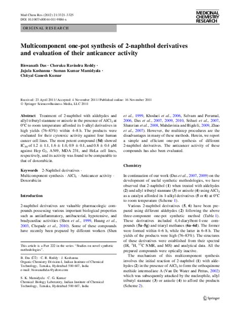 Pdf Multicomponent One Pot Synthesis Of 2 Naphthol Derivatives And