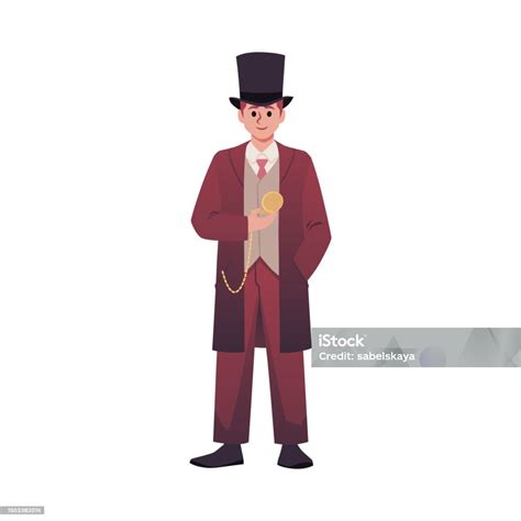 빅토리아 시대의 남자 신사 19세기 양복을 입은 귀족 모자를 쓴 코트가 시계를 들고 있다 19세기에 대한 스톡 벡터 아트 및