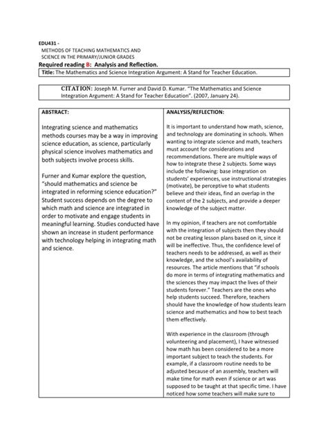 Edu 431 Reading B Reflection Pdf Teaching Mathematics Teachers