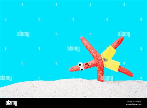 Funny Starfish Character Making The One Arm Handstand On A Sandy Beach