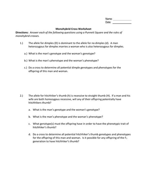 Monohybrid Cross Worksheet — Db