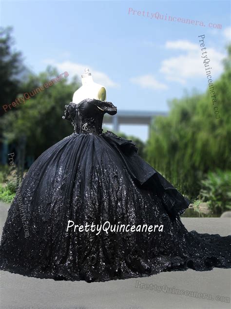 Sparkle Lace Cap Sleeve Black Big Train Quinceanera Dress With 3d Flowers