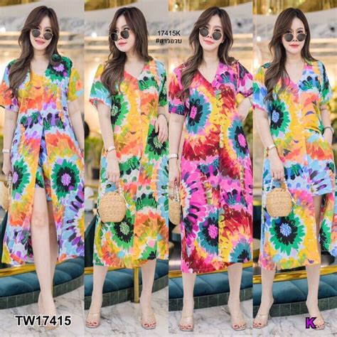 Tw17415 Set สาวอวบ 2 ชิ้น เซทเสื้อคอวี แขนสั้น ตัวยาวผ่าหน้า กับ กางเกงขาสั้น เอวสูง มีกระเป๋า