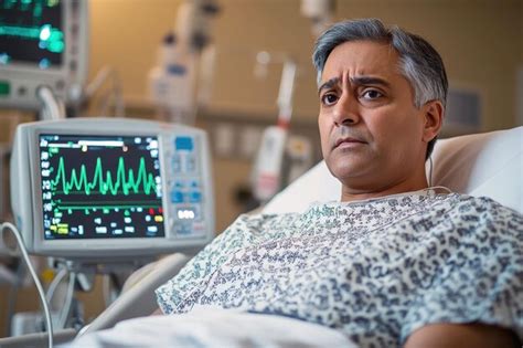 Middleaged Man In Hospital Bed With Ecg Monitor Tracking Heart Rate