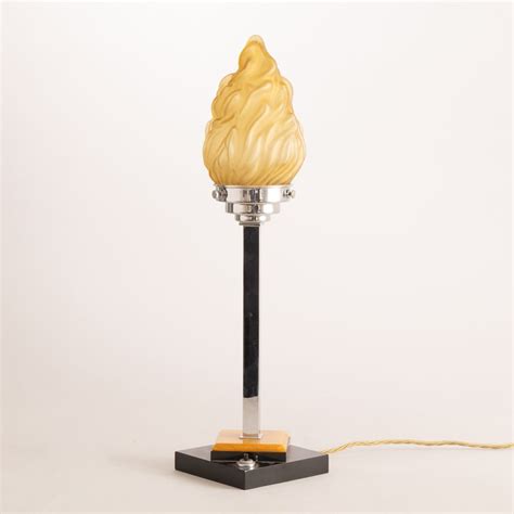 Art Deco Table Lamp With Caramel Bakelite Base Chrome Stem And Amber