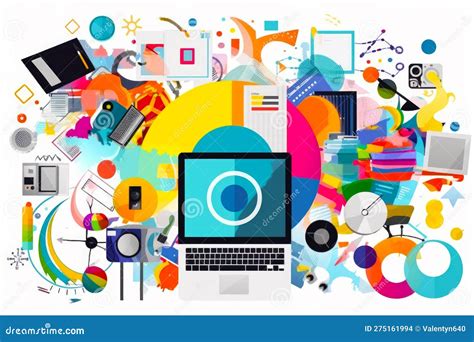 image of computer screen surrounded by many different colored circles