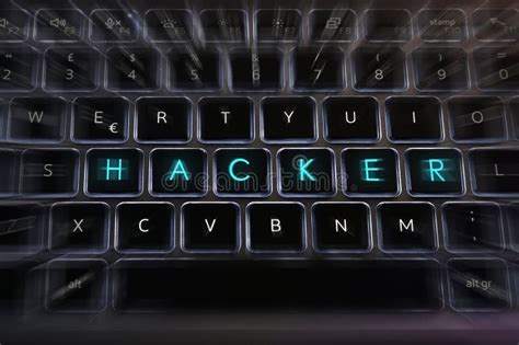 Hacker Written On The Keys Of A Laptop Backlit Keyboard Internet Data Safety Concept Stock
