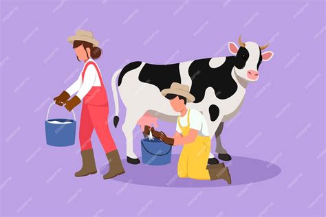 Premium Vector Graphic Flat Design Drawing Couple Farmers Milking A