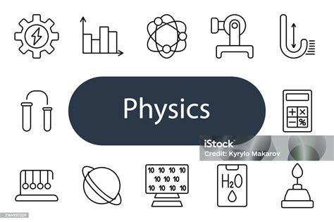 물리 연산 세트 아이콘입니다 원자 그래프 기어 수식 비이커 자석 계산기 행성 진자 시험관 빛 분자 뉴턴 요람 반응 연구 개념에