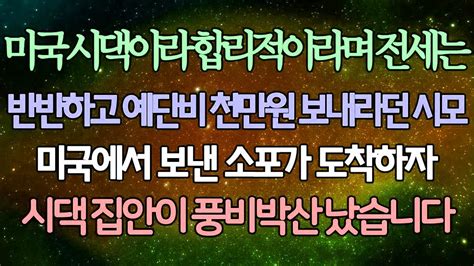 반전 사연 미국 시댁이라 합리적이라며 전세는 반반하고 예단비 천만원 보내라던 시모 미국에서 보낸 소포가 도착하자 시댁 집안이 풍비박산 났습니다 사이다사연 라디오드라마