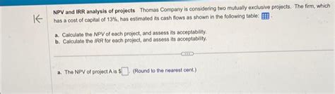 Solved NPV And IRR Analysis Of Projects Thomas Company Is Chegg
