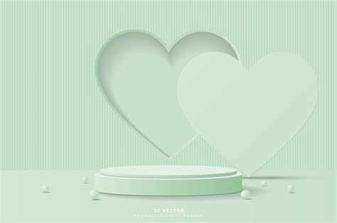 녹색 3d 실린더 연단 받침대는 하트 모양 창과 덮개 배경 구체 공으로 현실적입니다 판촉을 위한 발렌타인 데이 장면과 제품 광고