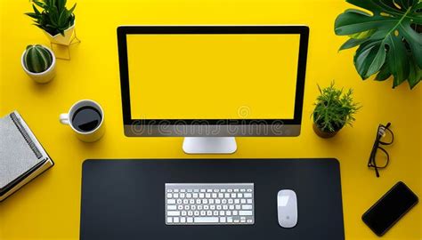 Modern Workspace With Computer Monitor Keyboard Mouse Coffee Cup