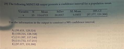 Solved 9 The Following Minitab Output Presents A Confidence