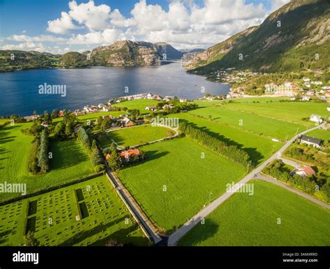 Aerial View Of Small Coastal Village During Sunset Forsand Norway