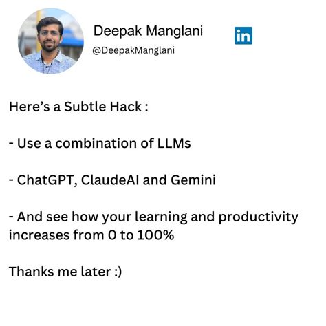 ai chatgpt claude gemini tech software linkedin content… deepak manglani 52 comments