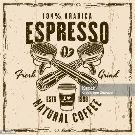 에스프레소 커피 벡터 엠블럼 로고 배지 또는 포터필터가 있는 라벨 그런지 질감과 프레임이 있는 배경에 대한 설명 강철에 대한