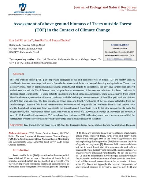 Pdf Assessment Of Above Ground Biomass Of Trees Outside Forest Tof In The Context Of Climate