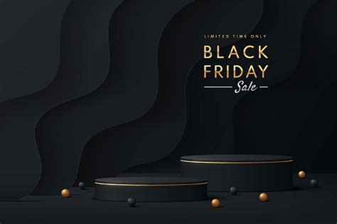 사실적인 블랙과 골드 3d 실린더 받침대 연단은 검은 물결 모양의 레이어 장면에 황금 구슬이 세팅되어 있습니다 벡터 추상