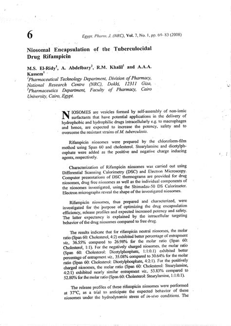 Pdf Niosomal Encapsulation Of The Tuberculocidal Drug Rifampicin