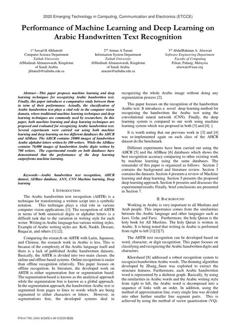 Pdf Performance Of Machine Learning And Deep Learning On Arabic Handwritten Text Recognition