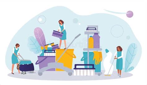 People Tiny Character Together Cleaning Service Woman Hold Industrial