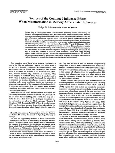 Pdf Sources Of The Continued Influence Effect When Misinformation In Memory Affects Later